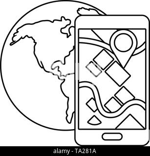 cellphone showing map and location pointer, checklist and return arrow ...