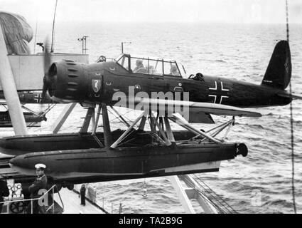 An Arado Ar 196 seaplane on the catapult of a warship of the German ...
