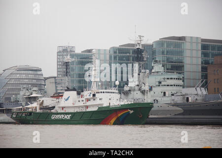 the Greenpeace ship Esperanza docked on the river Thames in London with ...