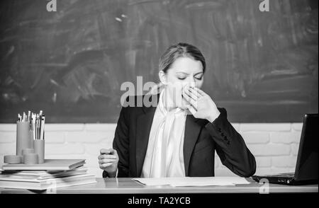 High level fatigue. Need for sleep. Exhausting work in school causes ...