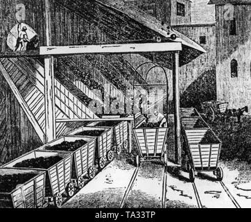 Economy. 19th century. Mining. Coal mine with several floors. Colored ...