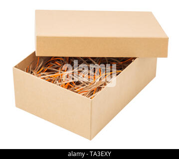 Blank white cardboard pack with orange color tape isolated on white ...