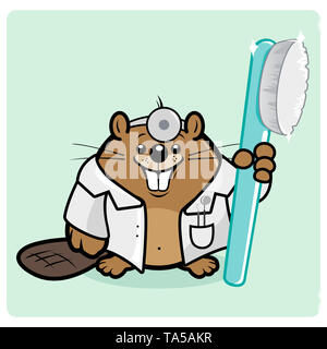 Dental hygiene for kids. Cartoon beaver with clean teeth holding a ...