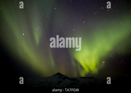 Dancing polar lights with bungalow in the foreground in winter in ...