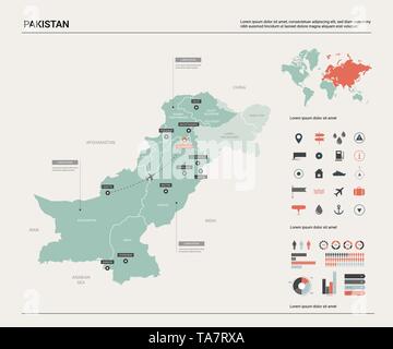Pakistan vector map. Editable template with regions, cities, red pins and blue surface on white ...