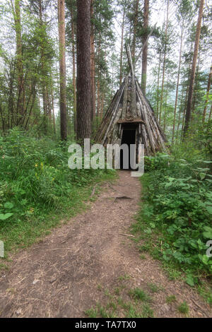 Old hovel of ancient altai people in the forest, Altai, Siberia, Russia ...