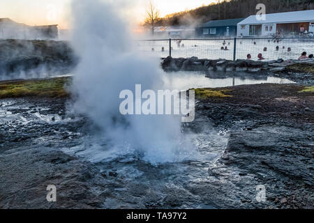 Litli Geyser spouts about every 5-10 minutes at Secret Lagoon, a ...