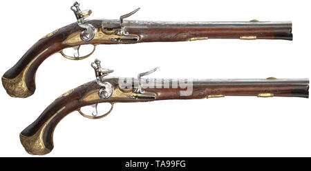 A pair of flintlock pistols,Liège,circa 1760. Smooth and round barrels ...