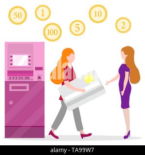 Vector illustration with people near ATM. Man with bank card, male ...