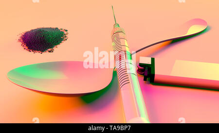 Heroin, cocaine, tools to get a dose of drugs. Syringe, lighter and ...