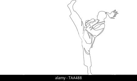 Continuous line drawing Karate girl makes a punch. Vector illustration ...