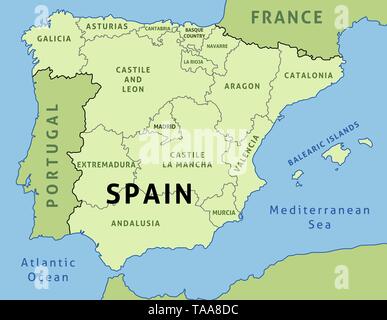 Spain autonomous communities and provinces vector map with neighbouring countries and ...