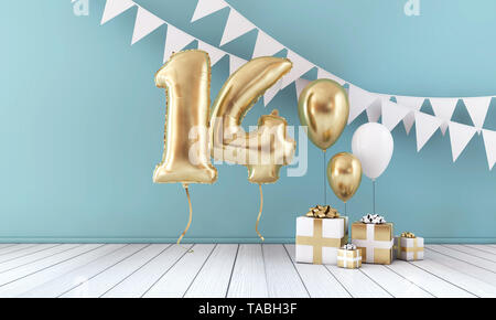 Happy 14th birthday gold surprise balloon and box. 3D Rendering Stock ...