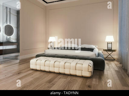 Large luxury modern master bedroom interior with large bed, gray carpet ...