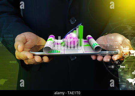Business man showing growth graph and globe Stock Photo - Alamy