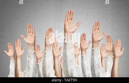 Row of man hands showing voting gesture. Participation and agreement ...
