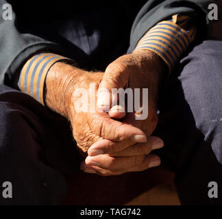 Close-up of hands joined in prayer over an open Bible. Religious ...