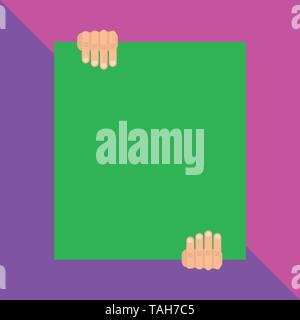 Two hands holding big blank rectangle up down Geometrical background ...