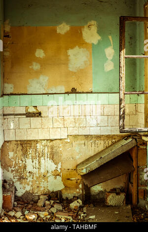 Blue interior of the kitchen of an abandoned house in Chernobyl ...