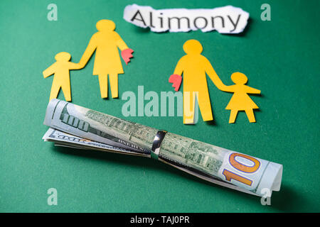 Word ALIMONY with money, paper figures of family and rings on light ...