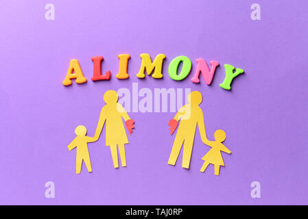 Word ALIMONY with paper figures of family on color background Stock ...