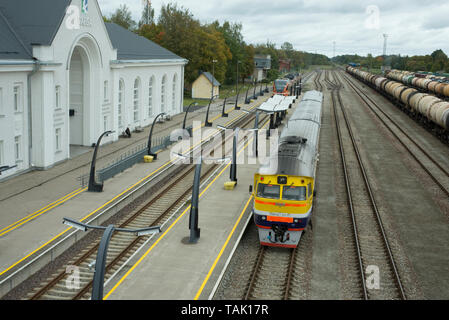 Valga Station on the border. The orange train is the Estonian (Elron ...