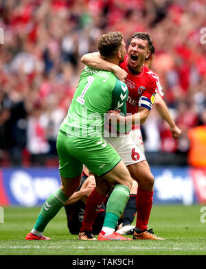 Charlton Athletic's Jason Pearce (right) with team-mates after scoring ...