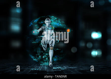 Cyborg shining silver woman running fast. Mixed media Stock Photo - Alamy