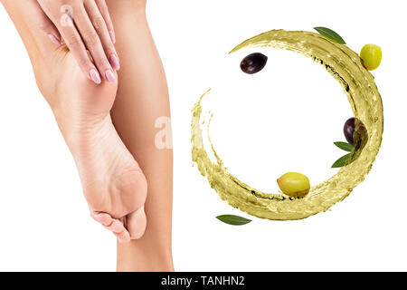 Circulate splash of olive oil near female feet. Skincare concept Stock ...