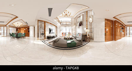 360 panorama of a modern living room with white couches and a large tv ...