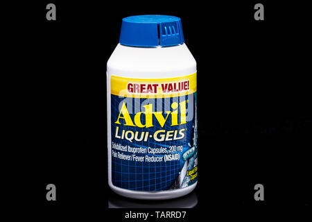 Close-up of Advil brand ibuprofen tablets on a store shelf in Lafayette ...