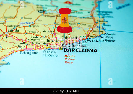 Barcelona marked on a map of Spain Stock Photo - Alamy