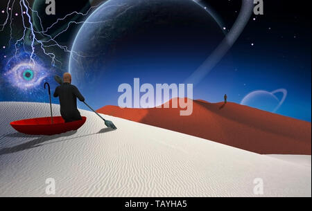 Surreal white desert. Man with red umbrella stands on a dry tree ...