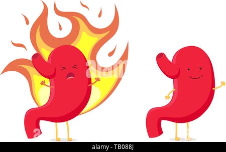 Cute cartoon stomach character burns from heartburn. Brown medicine ...