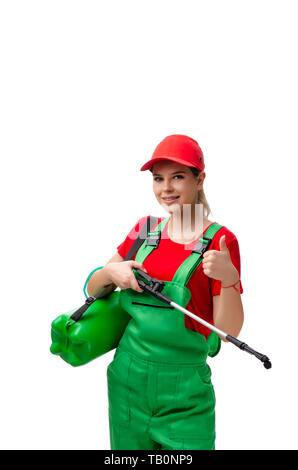 Female pest control contractor isolated on white Stock Photo - Alamy