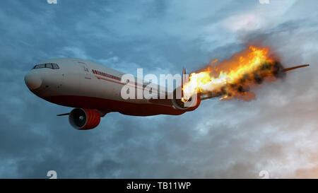 Flying aircraft with exploding aero engine just before air crash. 3D ...