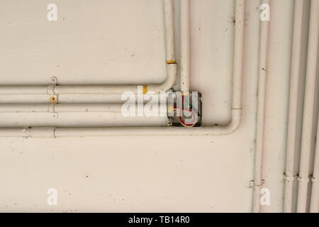 Old red electric junction box labelled electrical supply Stock Photo ...