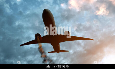 Flying aircraft with exploding aero engine just before air crash. 3D ...