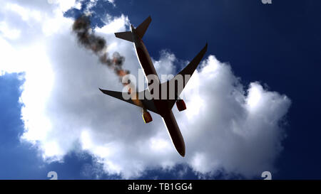 Flying aircraft with exploding aero engine just before air crash. 3D ...