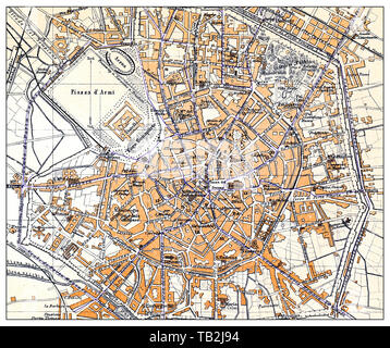 Town Plan or Old Map of Milan, anc Mediolanum. Fresco or Wall Painting ...