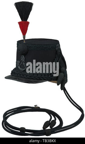 Shako of black felt, leather and velvet band, blank metal emblem JE ...