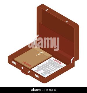 Brown briefcase with top secret documents and golden bars isometric ...