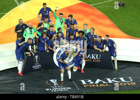 Chelsea celebrate with the trophy during the UEFA Europa League final ...