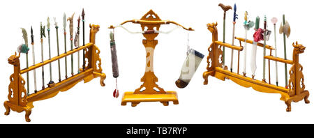 Chinese miniature weapons, 20th century, Three finely carved wood ...