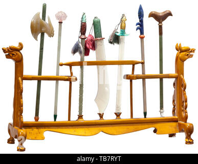 Chinese miniature weapons, 20th century, Three finely carved wood ...