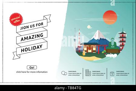 Japanese famous landmarks and tourist attractions in Japan illustration ...