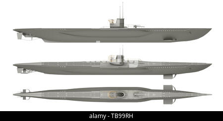 top and side view military submarine isolated on white. 3d rendering ...