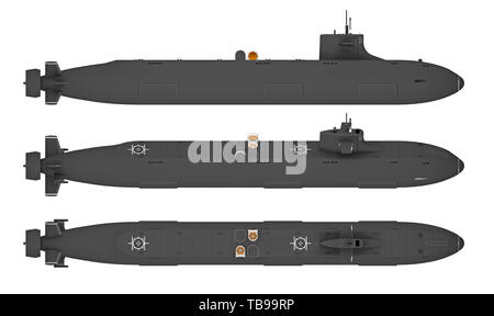 top and side view submarine isolated on white. 3d rendering Stock Photo ...