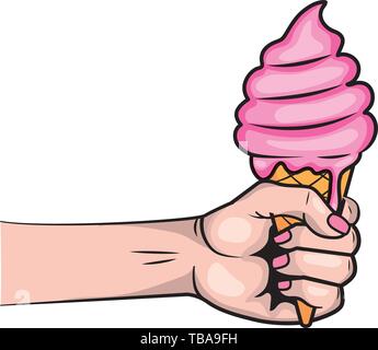 Pop art hand holding ice cream with yellow rays cartoon vector ...