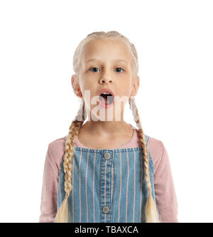 Little girl training pronounce letters on white background Stock Photo ...